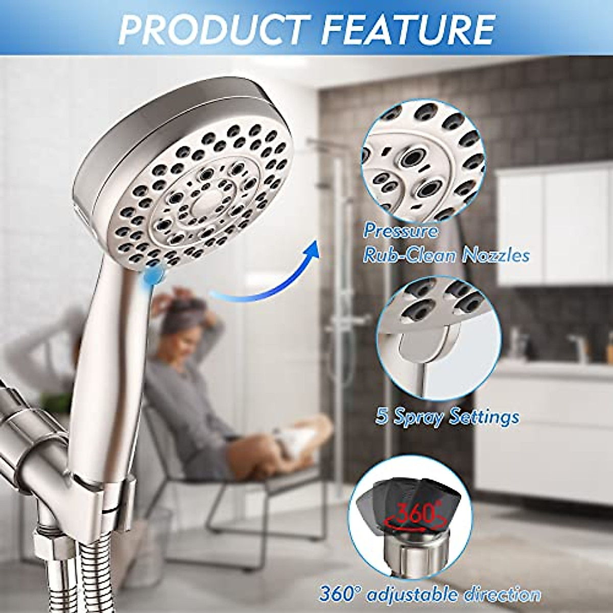 High Pressure Handheld Shower Head, 3.5 inch Face 5-Setting Handheld Shower Head Set with 79-inch Stainless Steel Shower Hose, Adjustable Shower Arm Mount Bracket, Tool-free Install/Brushed Nickel