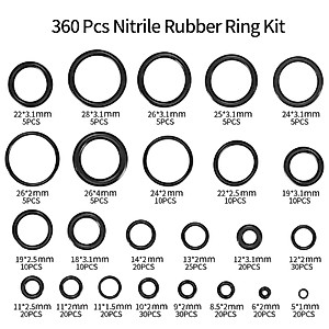 O Ring Assortment Kit, 360 Pcs Rubber Washer Orings, 24 Sizes Pressure Washer O Ring Kit for Faucet, Hose, Automotive, Air Gas Plumbing Sealing Repair O Rings, Black