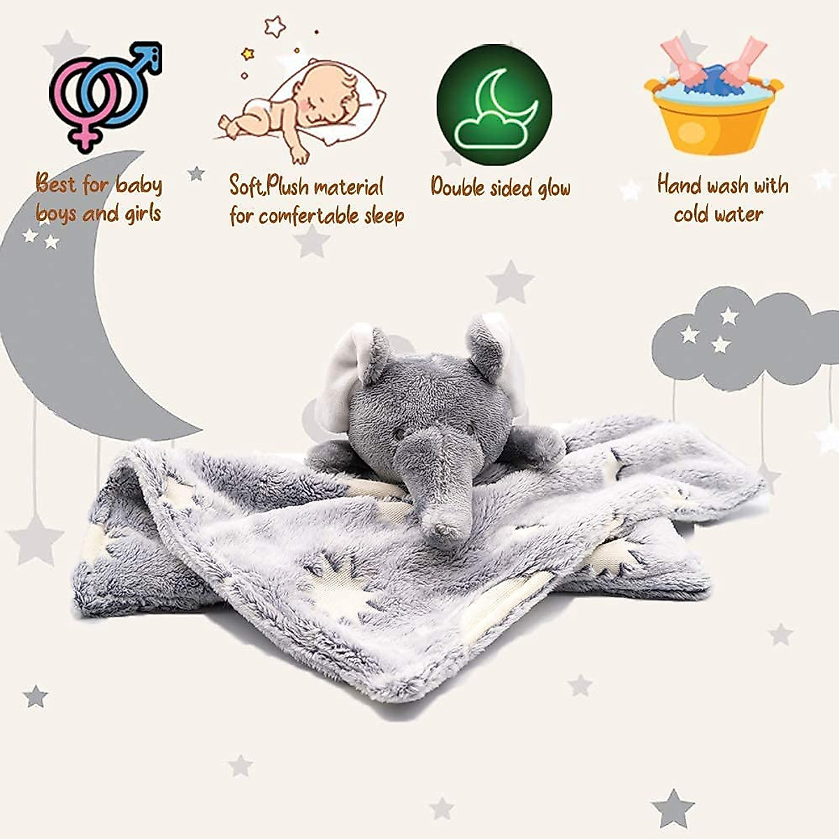 Believe BigDreams Loveys for Babies Girls - Baby Stuffed Animals for Newborn Boy - Grey Polyester Baby Security Blanket Stuffed Elephant for Baby Glows in The Dark…