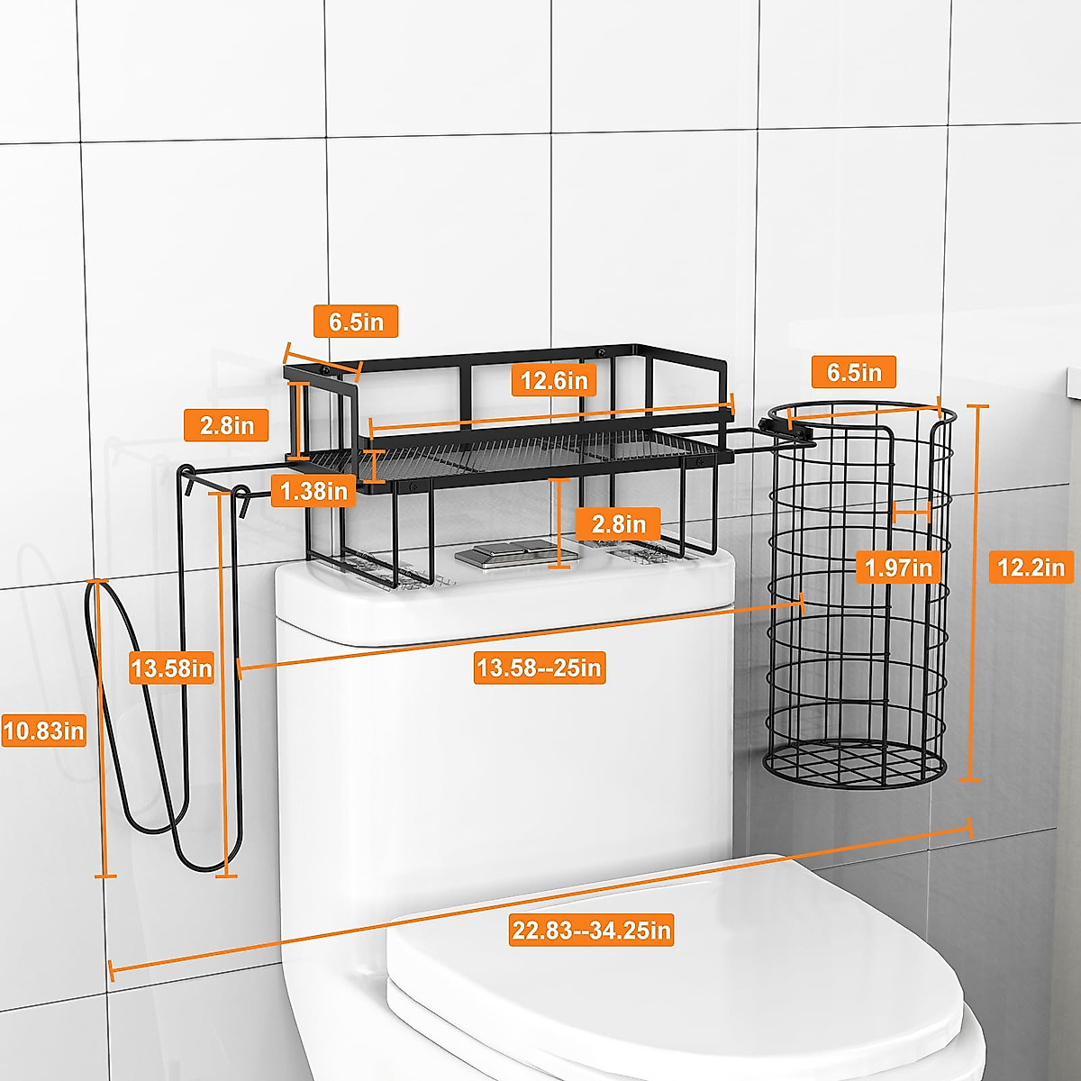 Multifunctional Over The Toilet Storage Shelf with Paper Holder, Bathroom Organizer Shelf Above Toilet Storage with Storage Rack, Adjustable Toilet Storage Rack, No Drilling Space Saver, Metal Black