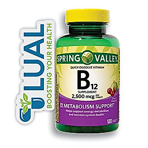 Vitamin B12, Supports Energy Metabolism. Includes Luall Fridge Magnetic + Spring Valley Vitamin B12 Quick-Dissolve Tablets Dietary Supplement (2,500 mcg, Cherry Flavor, 120 Tablets)