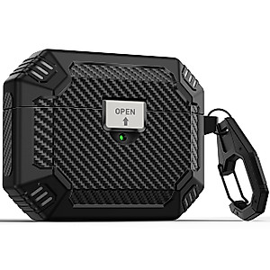 Winproo Armor Airpods Pro Case Cover with Lock Clip, Military Hard Shell Full-Body Shockproof Protective Case Skin with Keychain for Airpods Pro (Black)