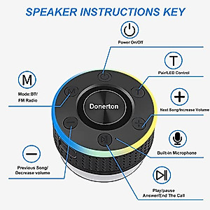 Donerton Bluetooth Shower Speaker, IPX7 Waterproof Wireless Speaker with Suction Cup, Portable Speaker, 360 HD Surround Sound, LED Light Mini Speakers, Dual Stereo Pairing, Built-in Mic, Radio(Black)