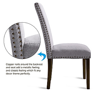Merax Dining Chairs Set of 2, Fabric Dining Chairs with Copper Nails and Solid Wood Legs (Grey, Set of 2)