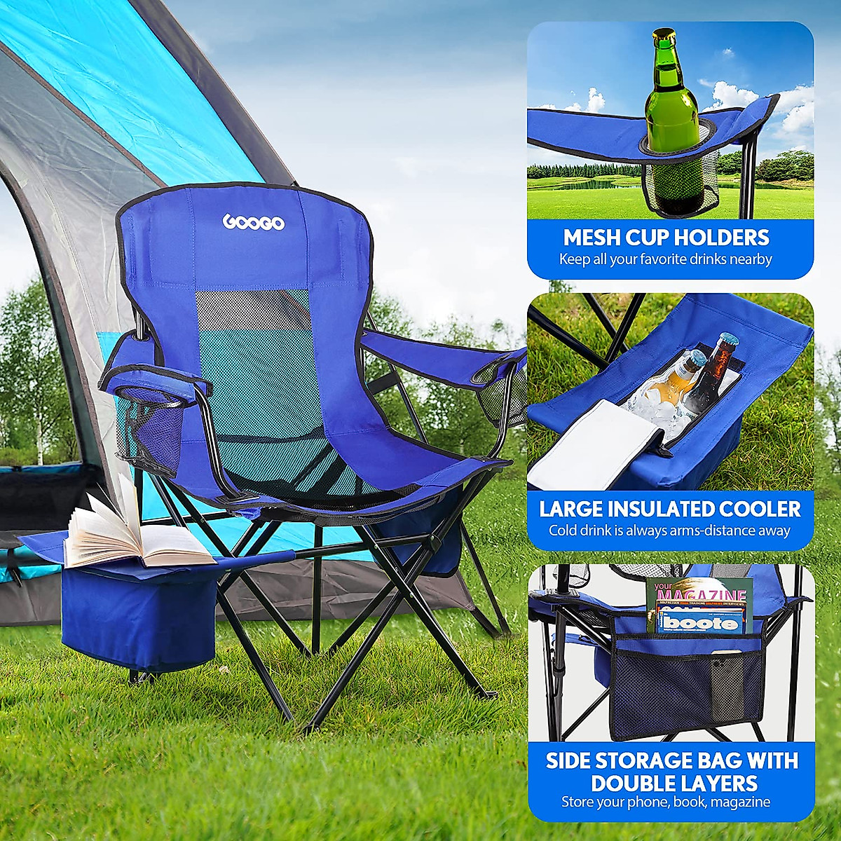 GOOGO Camping Chair Folding, Oversized Portable Lightweight Chair with Cooler, Cup Holder, Mesh Back Seat, Supports 300lbs, Collapsible Compact Chair with Carry Bag & Strap for Outdoor, Camp, Hiking