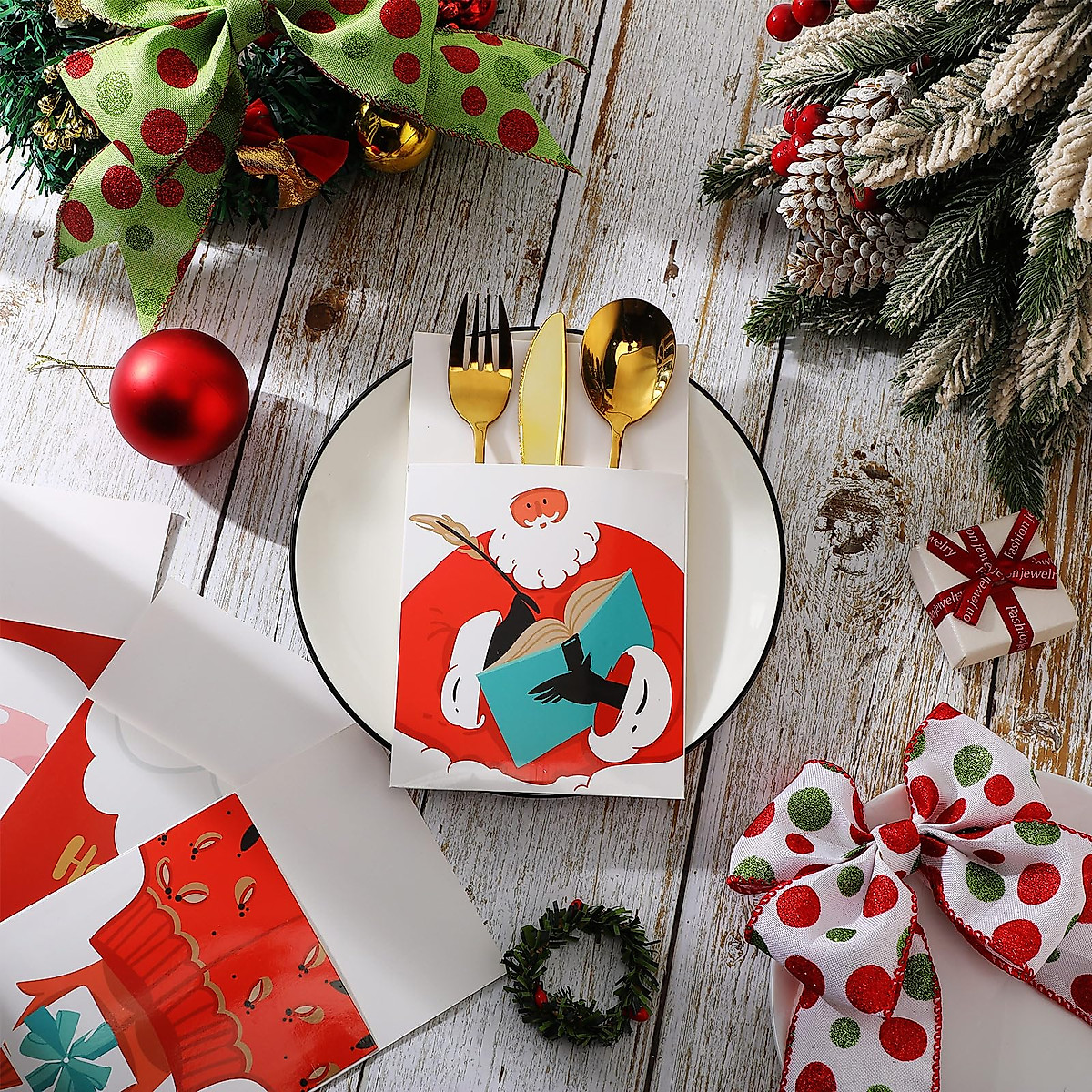 Zhanmai 48 Pcs Christmas Santa Claus Silverware Holders Xmas Utensil Holder Pockets Christmas Cutlery Holder Claus Tableware Holder Bags Knifes Forks Bag for Holiday Christmas Table Setting Decoration