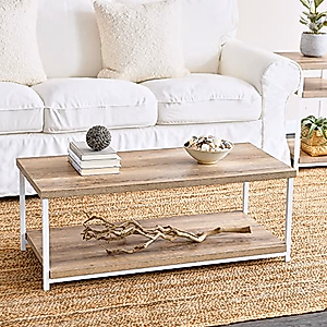 Household Essentials Jamestown Rectangular Coffee Table with Storage Shelf Coastal Oak Rustic Wood Grain and White Metal