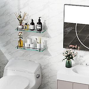 KOCOK Glass Bathroom Shelf for Wall,16-Inch Black Floating Glass Shelf for Bathroom Modern Stainless Steel Tempered Glass Shelves Wall Mount Accessories