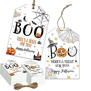 50Pcs Halloween Tags with String Halloween Trick or Treat Spooky Goodie Candy Ghost Tag Happy Boo Day Hanging Gift Label Cute Cartoon Name Cards Gift Wrapping for Halloween Party (Halloween)