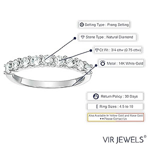 VIR JEWELS 3/4 carat (ctw) Diamond Wedding Anniversary Band for Women, Round Diamond Engagement Ring 14K White Gold 9 Stones Prong Set 0.75 cttw, Size 7