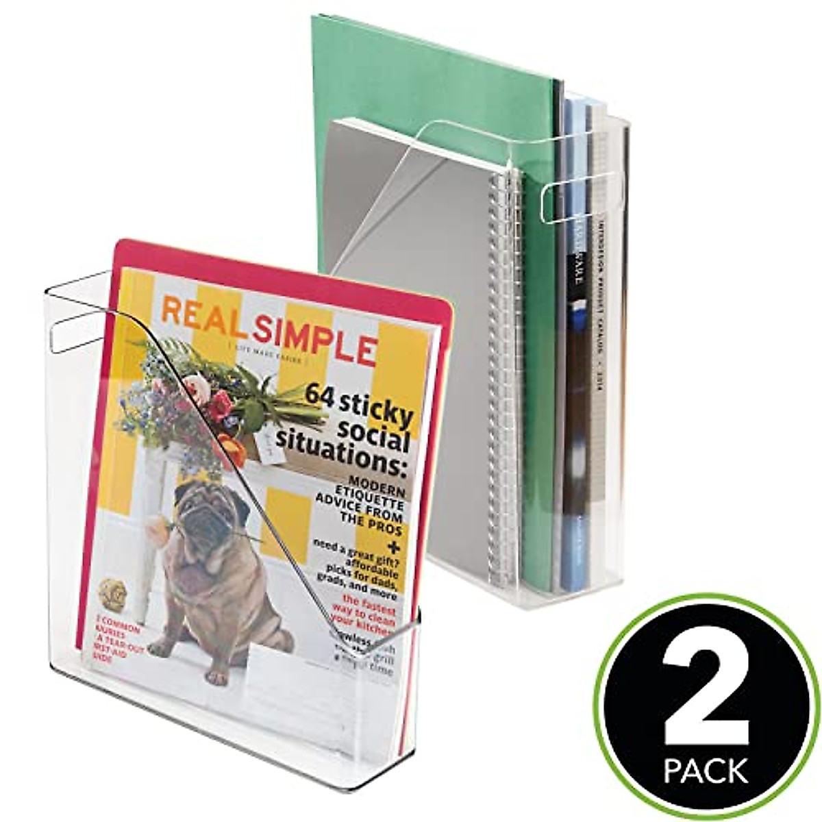 mDesign Plastic Slim Vertical File Folder Bin Storage Organizer with Handle - Hold Notebooks, Binders, Envelopes, Magazines for Home Office, Work Desktops, Ligne Collection, 2 Pack - Clear