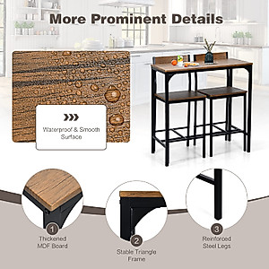 COSTWAY 3 Pieces Bar Table Set, Pub Table Set W/Heavy Duty Steel Frame, Modern Industrial-Style Table & Chair Set for Kitchen, Dining Room, Breakfast Nook, Bistro, Easy Assembly