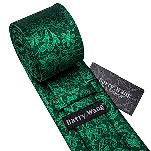 Barry.Wang Emerald Green Ties Silk Flower Paisley Necktie for Men Set Wedding St. Patrick's Day