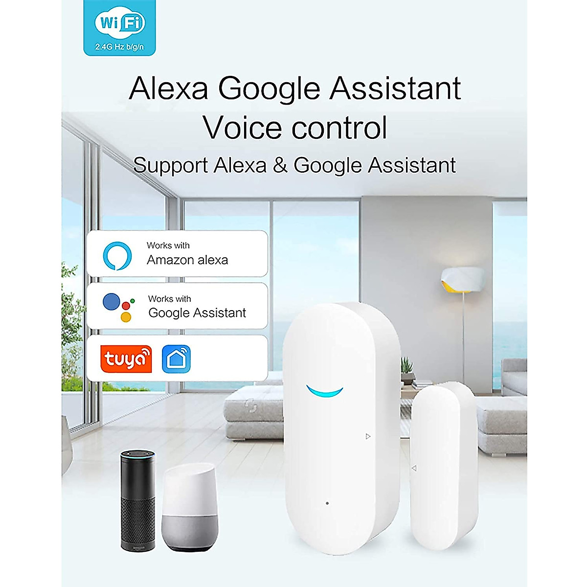 5 Pack WiFi Wireless Door Window Sensor,TUYA Smart Alarm with Free Notification APP Control Home Security Alarm System，Compatible with Alexa Google Assistant