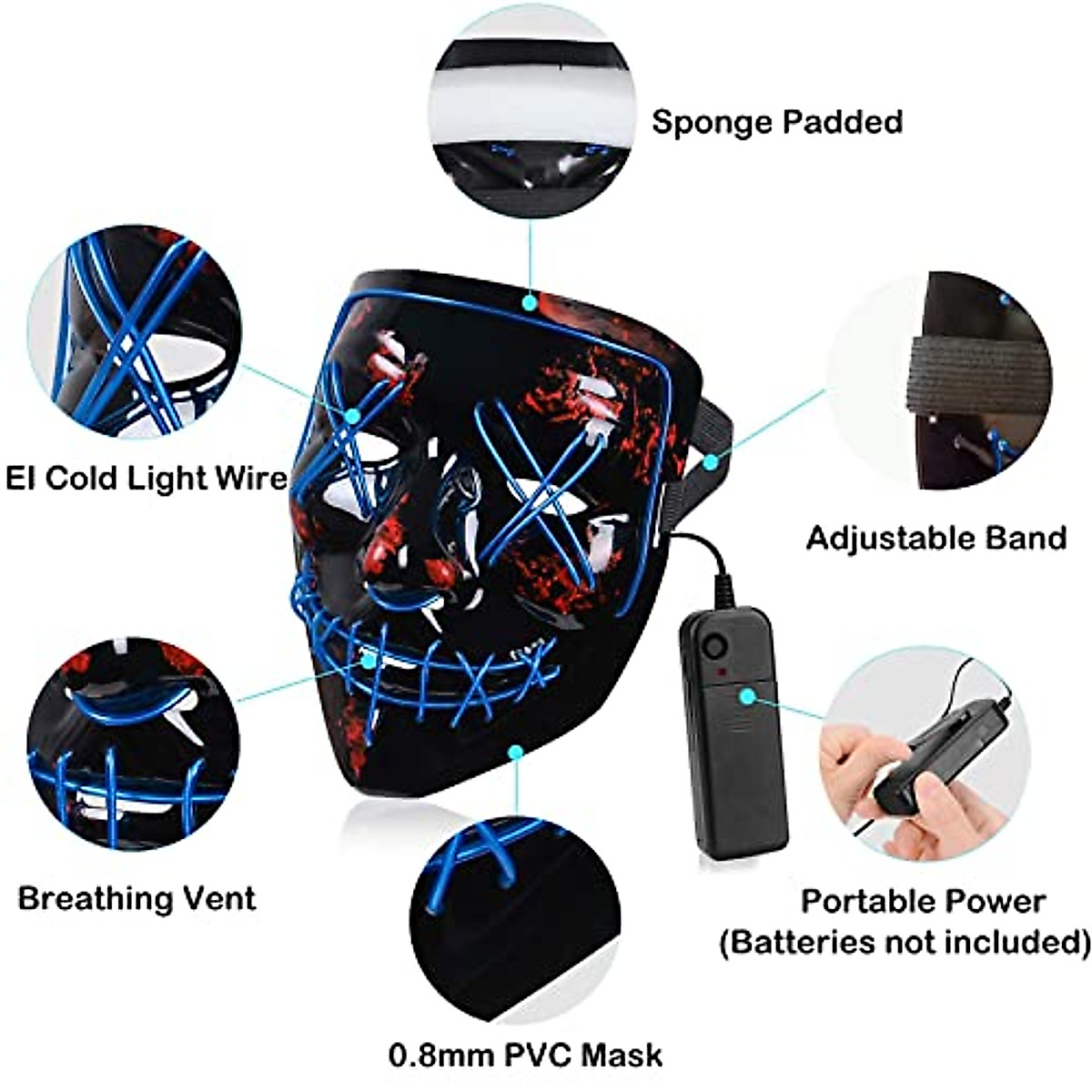 Desniltol Halloween LED Masks Lights, Scary Halloween Masks Halloween LED Purge Glowing Mask Costumes Light up LED Face Mask for Adults Men Women Kids (（Blue)