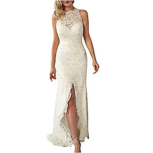 Women's White Floral Lace Slit Mermaid Wedding Dresses for Bride Summer Sleeveless Slim Maxi Long Bridal Gown