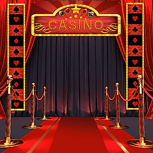 Peryiter 4 Pcs Casino Night Party Entryway Decorations Casino Hanging Banner Poker Welcome Porch Sign Red Carpet for Las Vegas Game Casino Themed Birthday Party Supplies Photo Background