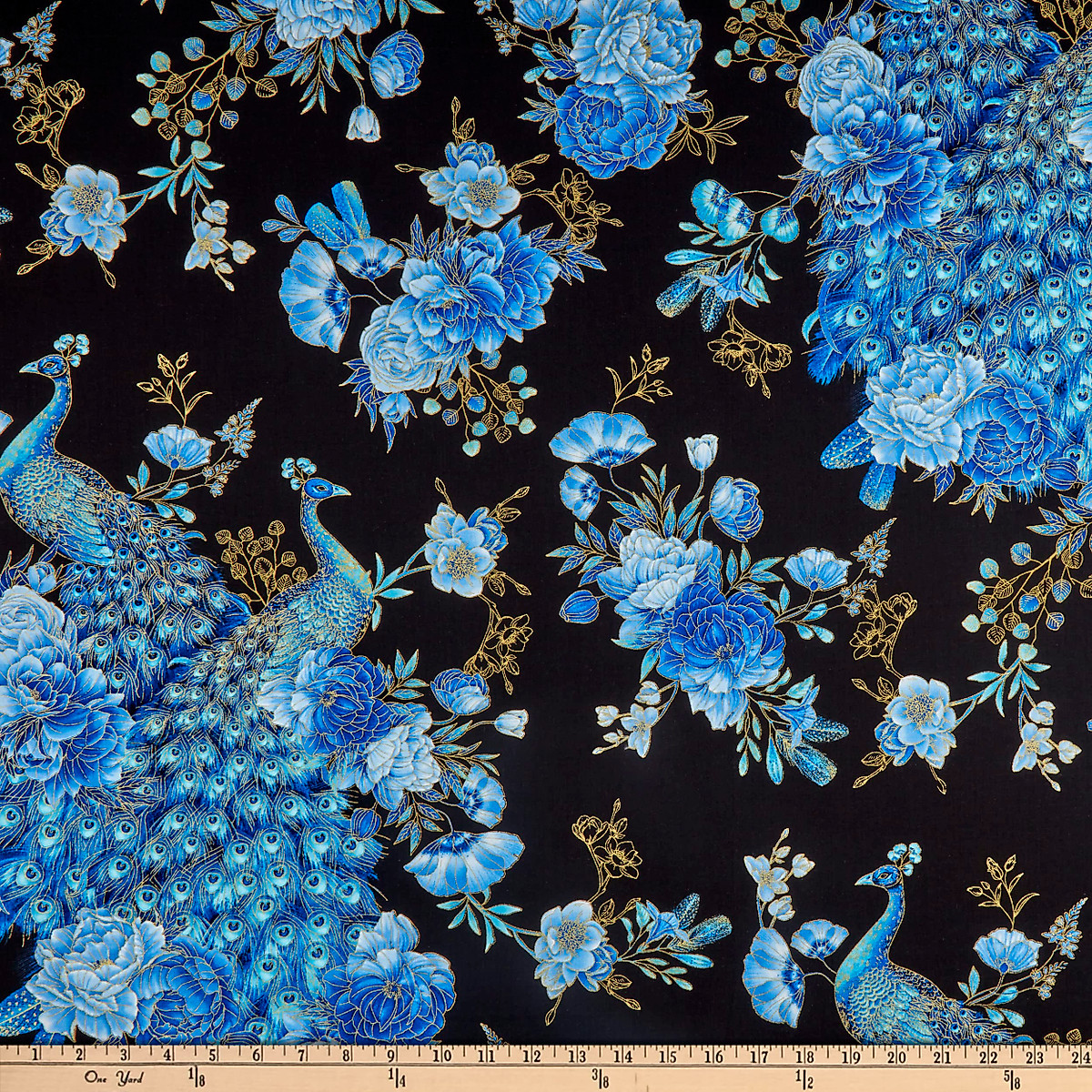 Timeless Treasures Metallic Royal Plume Peacocks & Florals Black Fabric by The Yard