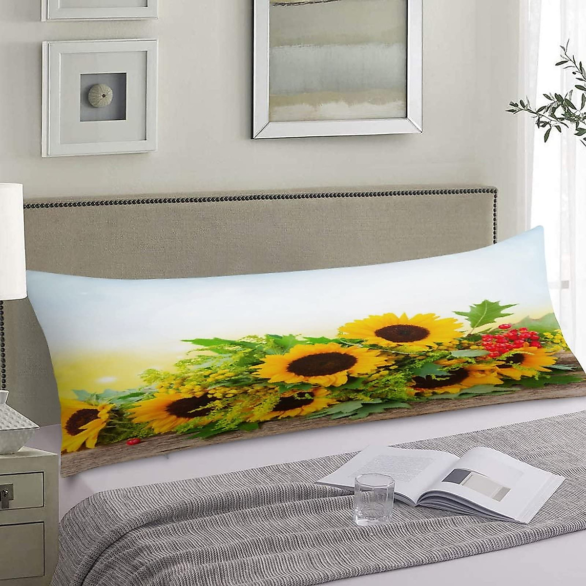 AIRMARK Sunflowers Body Pillow Cover,Sunflowers with Green Leaves Printed Long Pillow Cases Protector with Zipper Decor Soft Large Covers Cushion for Beding,Couch,Sofa,Home Gift 20"x54"
