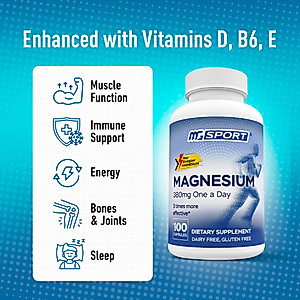 Magnesium Supplement Complex MGSPORT - High Absorption Supplement with Vitamins B6, D, E - Relieves Leg Cramps & Muscle Support - 100 Servings