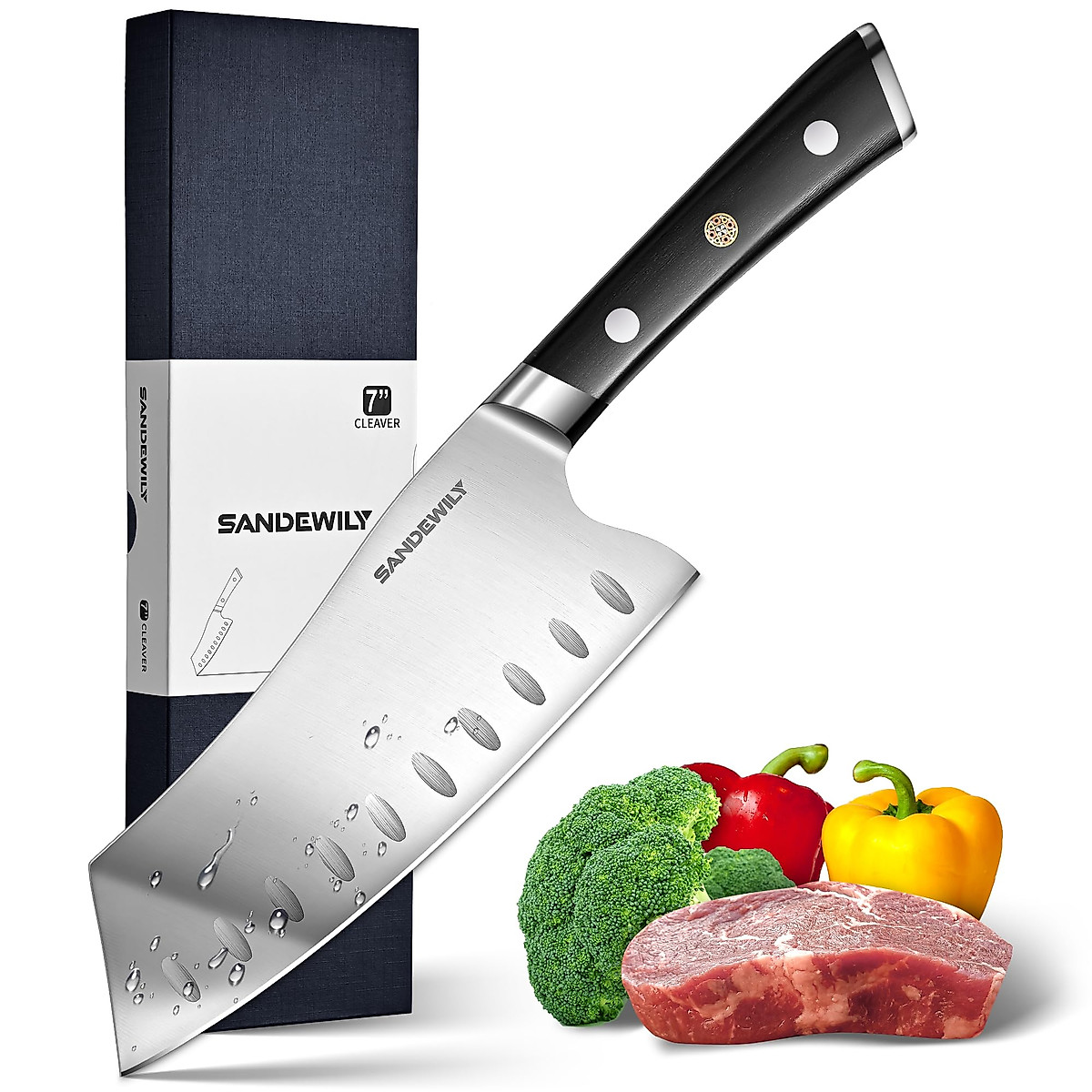 SANDEWILY Meat Cleaver Chef Knife,7-in Ultra Sharp Kitchen Knife,Slicer Knife Cooking Knife Vegetable Knife,German HC Stainless Steel,Full Tang Wood Handle,Gift Box for Home Outdoor BBQ Camping