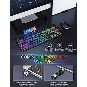 Wireless Keyboard and Mouse with 15 Backlit Effects, Rechargeable Keyboard Mouse Combo with Phone Holder, 2.4G Lag-Free, Silent Light Up Keyboard & Mouse Set for Windows, Mac, PC, Laptop -by SABLUTE