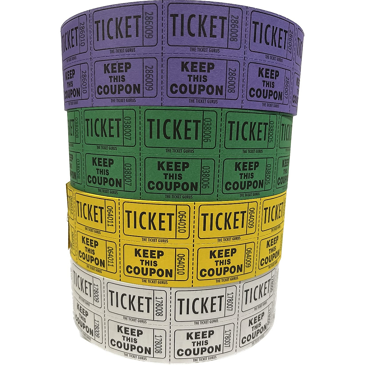 The Ticket Gurus - 4 Rolls of 2000 Double Tickets (Purple/Green/White/Yellow) - 8,000 Total 50/50 Raffle Tickets