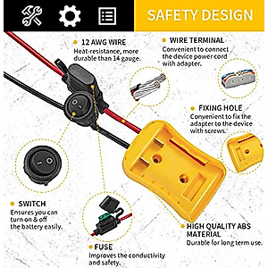 2 Pack Power Wheel Adapter for Dewalt 20V Battery Series with Fuse, Switch & Wire Terminal, 3Pcs 30A Fuse, 12 AWG Wire Battery Converter Connector DIY for RC Toys, Robotics, Truck and Work Lights (2)