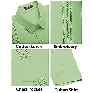 COOFANDY Mens Cuban Guayabera Shirt Linen Short Sleeve Shirts Regular Fit Summer Beachwear Light Green
