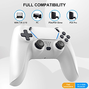 PomisGam PS4 Controller Compatible for Playstation 4 / Pro / Slim / Steam, Wireless Gaming Controller with Vibration and Headset Jack, Touch Pad, and Charging Cable (White)