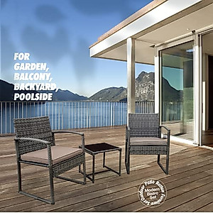 Pyramid Home Decor Vesso 3-Piece Outdoor Patio Furniture Set, Patio Rattan Chair Set, Modern Bistro Set with Coffee Table, Garden Balcony Backyard Poolside, Coffee