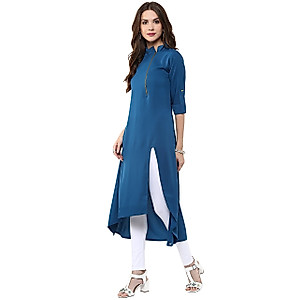 Janasya Women's Crepe Kurti Tunic Tops,Blue,Large,Blue,Large