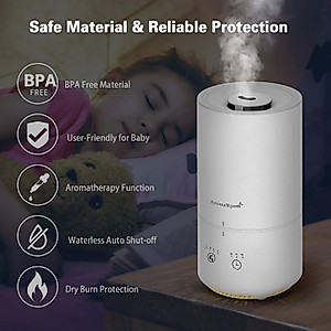 Top Fill Cool Mist Humidifiers for Bedroom & Essential Oil Diffuser,1.2L Small and Whisper Ultrasonic Humidifier for Home, Baby, Large Room with Auto Shut Off(White,7Color Light)