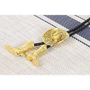 Bolo Ties for Men Western - 3D Cowboy Hat Bolo Tie Design with Vintage Cowboy Boots Bolo Tie Western Bolotie Cowboy Bola Tie (Gold Cowboy Hat Tie)
