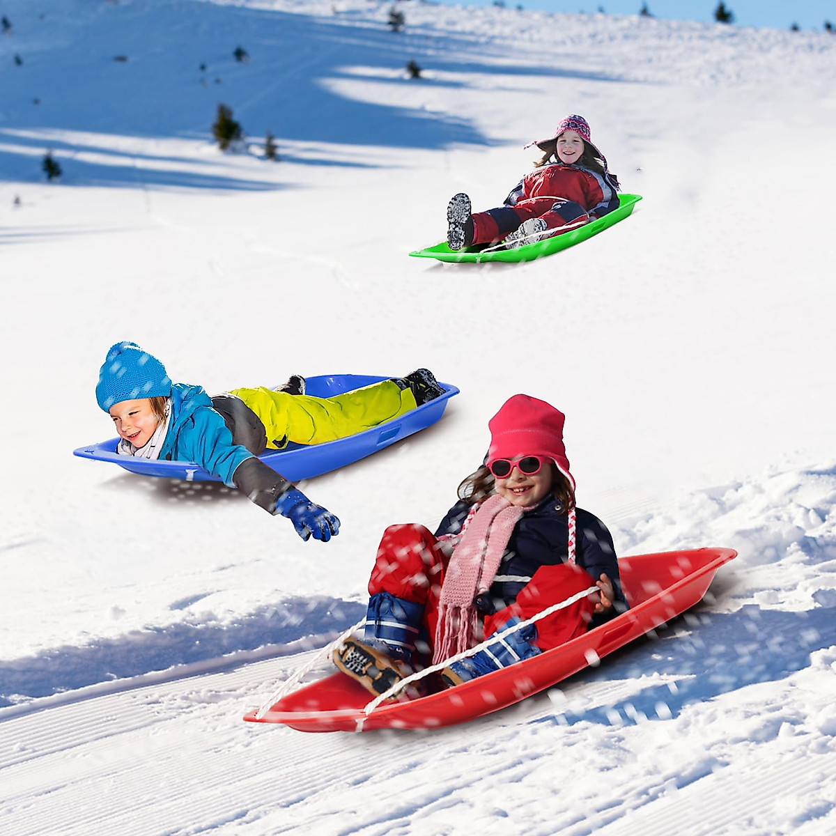3Pack Plastic Snow Sled for Kids & Adults 35" x 17" - Flexible Toboggan Sleds with Pull Rope & Two Handles for up to 2 Sledders Winter Snow Sledding Downhill Outdoor, S