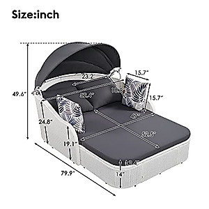 XYFDDWM 79.9" Outdoor Sunbed with Adjustable Canopy, Double Lounge, PE Rattan Daybed, White Wicker, Gray Cushion (White)
