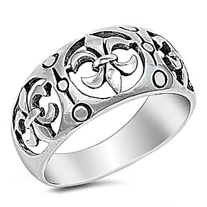 Filigree Fleur De Lis Cutout Wide Ring New .925 Sterling Silver Band Size 10