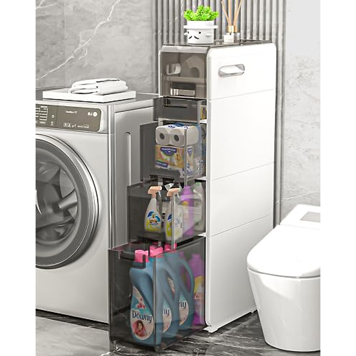 Lozovin 4-Tiers Narrow Storage Cabinet,Sleek Free Standing Toilet Paper Holder,Small Bathroom Floor Cabinet,Slim Plastic Drawer Storage,Multifunctional Organizer for Kitchen Bedroom Laundry Room,etc