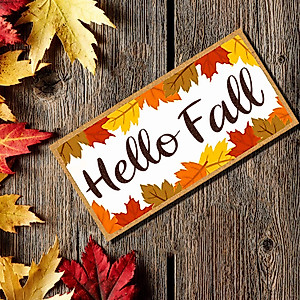 Hello Fall Sign Wall Decor 14" Autumn Harvest Thanksgiving Maple Leaf Sign Rustic Hanging Decorations in Home Art for Front Porch Door Plaque