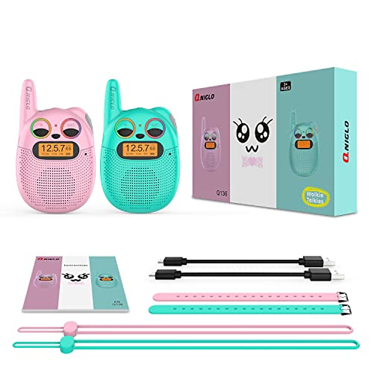 Qniglo Walkie Talkies for Kids Rechargeable, 2 Pack Kids Walkie Talkie with FM Handheld Walki Talki with Wearable Lanyard & Wrist for Outdoor Camping Games & Birthday Xmas Toys Gifts for Boys Girls