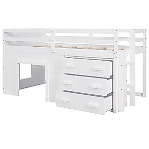 Harper & Bright Designs Low Loft Bed with Storage Drawers, Wood Twin Size Loft Bed with Cabinet, Shelf, Ladder, Safety Rail for Girls, Boys, Teen （White
