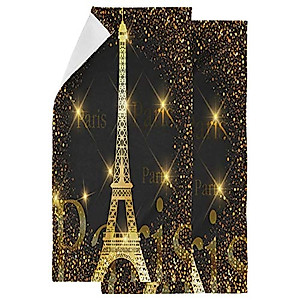 Naanle Chic Gold Glittering Eiffel Tower Paris Print Luxury 2 Piece Soft Fluffy Guest Decor Hand Towels, Multipurpose for Bathroom, Hotel, Gym and Spa (14" x 28",Black)