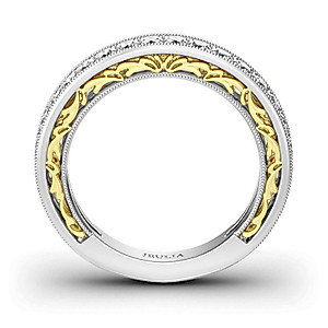 Jeulia Two Tone Scrollwork Sterling Silver Women's Band Custom Engraved Ring for Engagement Anniversary Wedding With Gift Box (Yellow Gold, 6.5)