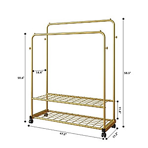 GAMNOF Rolling Metal Clothes Rack Two Shelves Clothing Rack Two Rod Garment Rack for Hanging Clothes with Caster Wheels for Clothes Hats Bags and etc Storage and Organizer