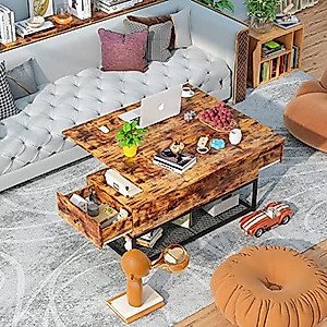 KCRET 43" Lift Top Coffee Table, 3 in 1 Multi-Function Coffee Table Modern Coffee Lift Table Dining Table with 2 Storage Drawers and Hidden Compartment for Living Room Reception Room (Rustic Brown)