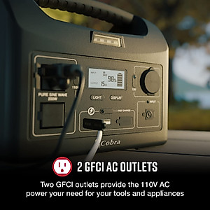 Cobra 200W Power Station - Portable Power, Fast Charge USB, LED Flashlight, AC Outlets, 200W Pure Sine Wave, 12V Socket, AC and 12V Cables, Solar Panel Compatible