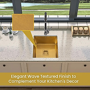 Strictly Sinks Undermount Bar Prep Sink – 18 Inch 16 Gauge Embossed Leather Texture Gold Wet Bar Prep Kitchen Sink with Bottom Grid and 1 Square Strainer Drain