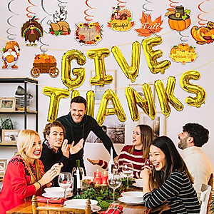 Give Thanks Banner, Thanksgiving Foil Balloons | Gold 16 Inches 3D Mylar Letter Balloons Hanging Fall Decorations Fhoto Backdrop for Thanksgiving Party - Fall Harvest Decor for Home Office Indoor