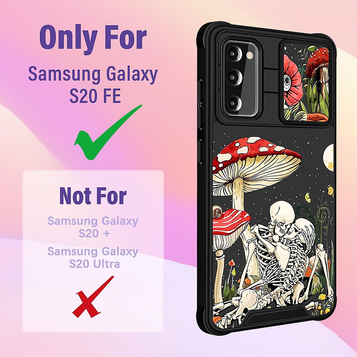 Funermei (2in1 for Samsung Galaxy S20 FE Case for Women Cute Girls Cover Skull Skeleton Goth Fun Funny Spooky Horror Gothic Design with Camera Cover + Ring Stand Funda for Galaxy S20 FE 5G Phone Case