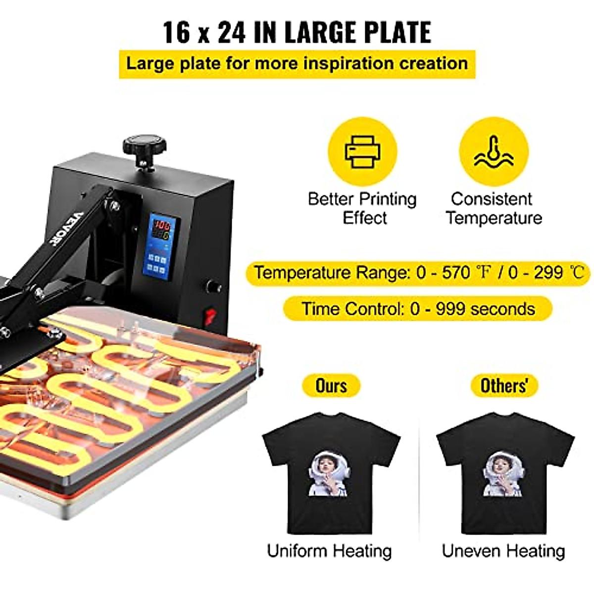 VEVOR Heat Press Machine, 16x24in / 40x61cm, Clamshell Sublimation Transfer Printer Teflon Coated, Digital Precise Heat Control, Silicone Sponge Powerpress for T-Shirt Bag Pad Pillow